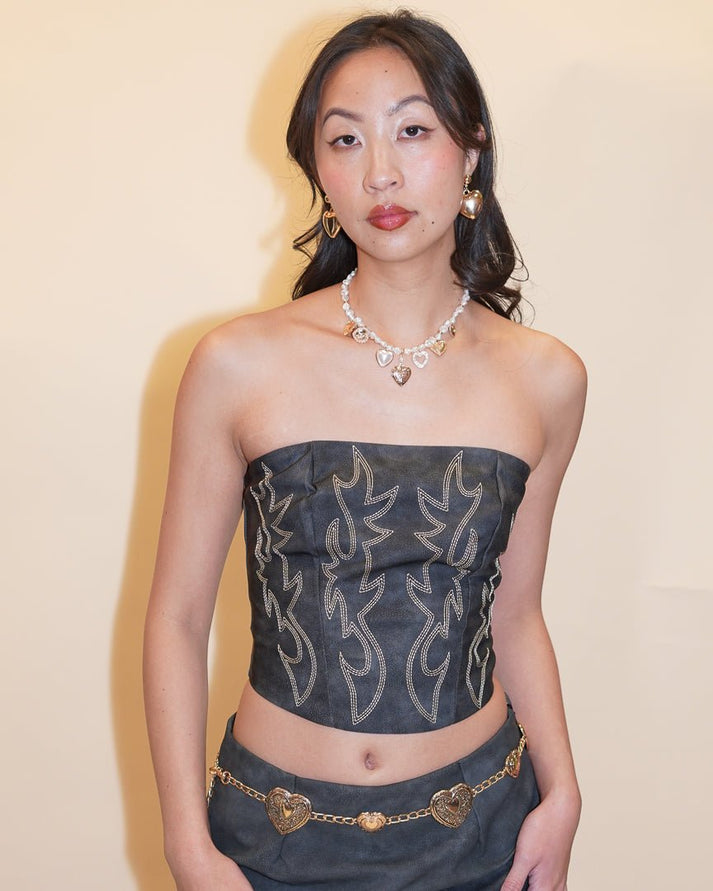 Black Faux Leather Embroidered Western Cowboy Corset Top – Cindy Jane ...