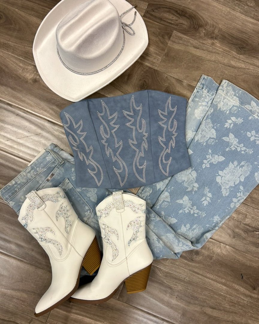 Blue Faux Leather Embroidered Western Cowboy Corset Top – Cindy Jane ...