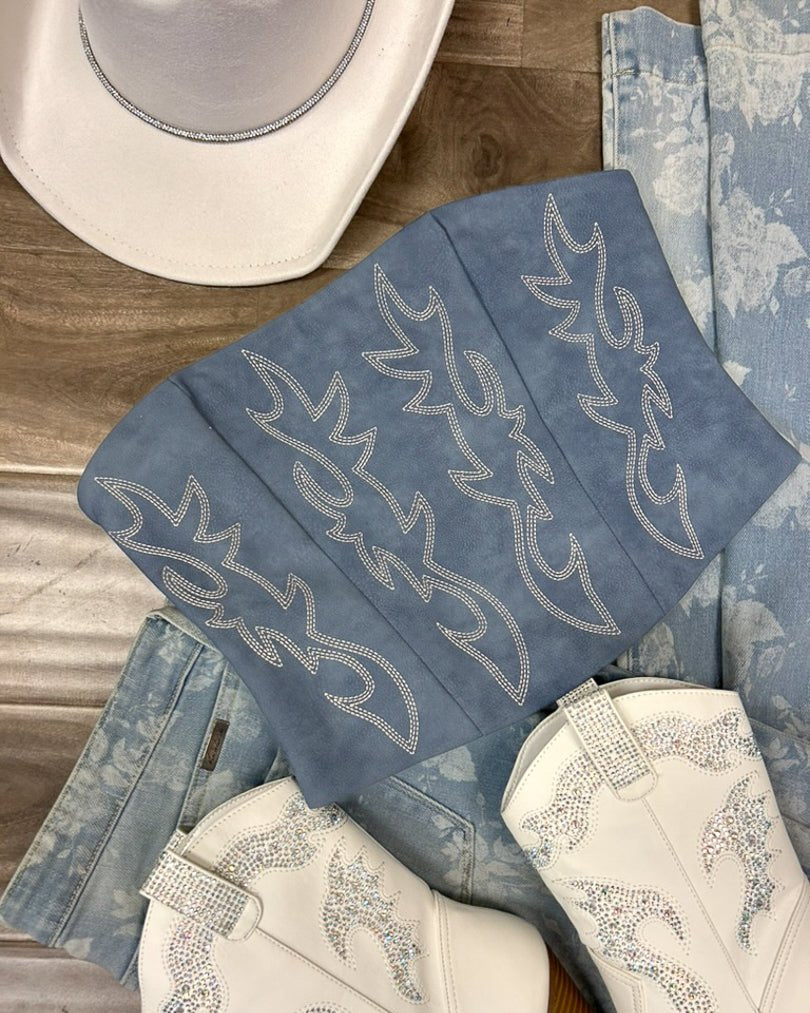 Blue Faux Leather Embroidered Western Cowboy Corset Top – Cindy Jane ...