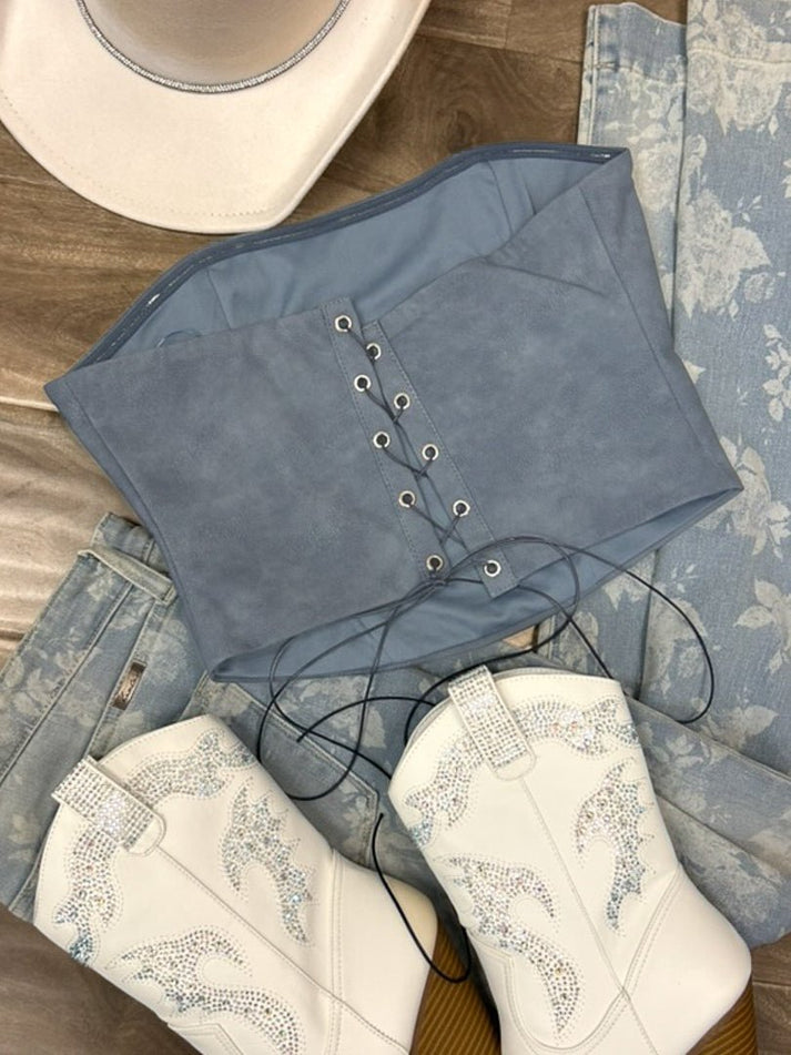 Blue Faux Leather Embroidered Western Cowboy Corset Top – Cindy Jane ...