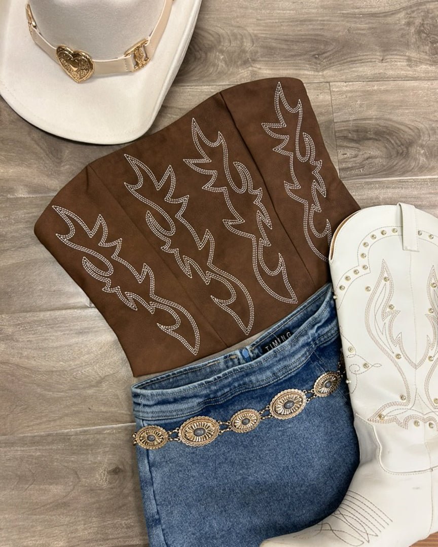 Brown Faux Leather Embroidered Western Cowboy Corset Top – Cindy Jane ...