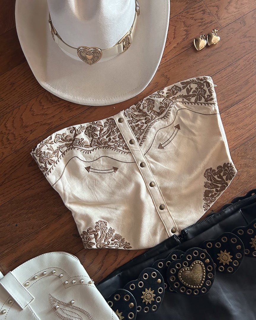 Cream Faux Suede Western Embroidered Strapless Corset Top – Cindy Jane ...