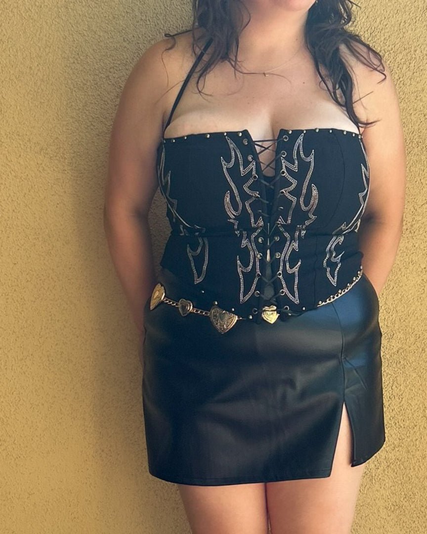 Janie Black Woven Western Embroidered Studded Lace Front Corset Top ...