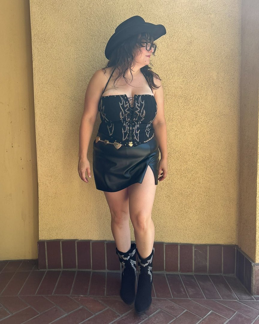 Janie Black Woven Western Embroidered Studded Lace Front Corset Top ...